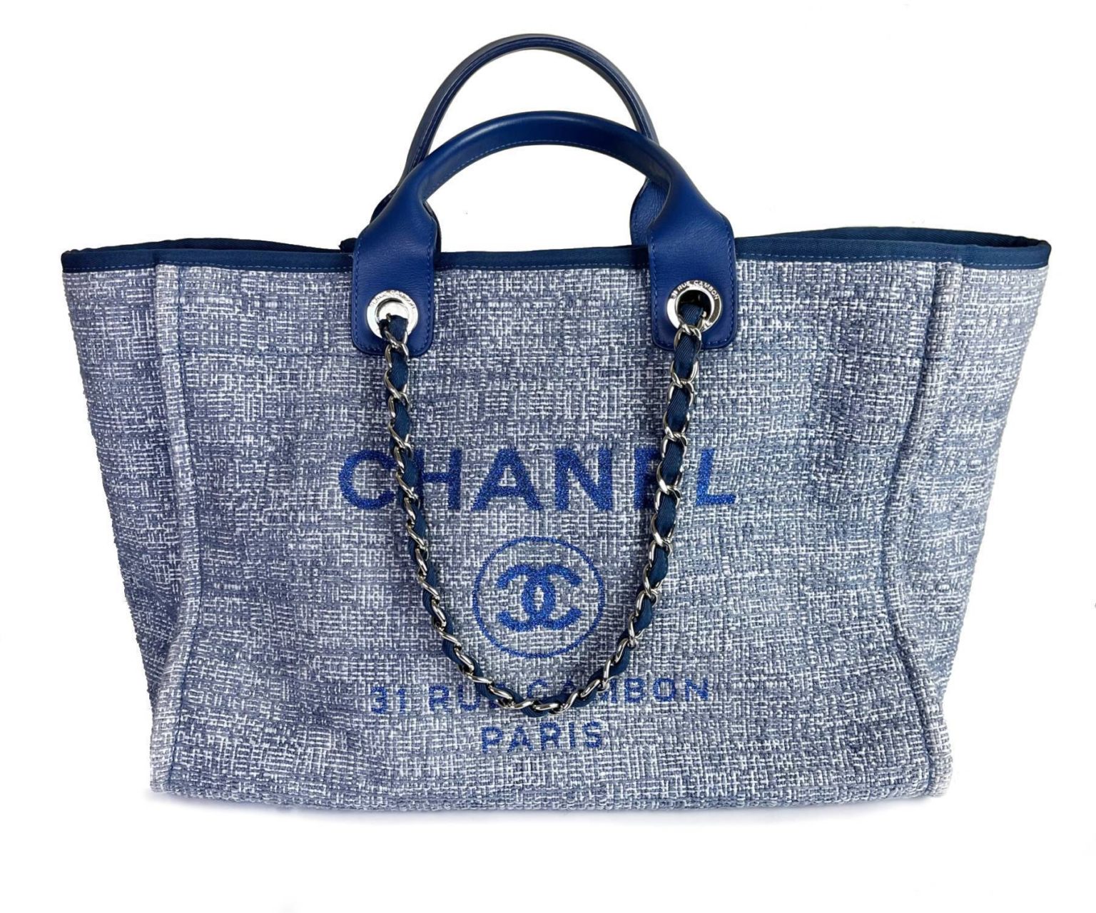 Chanel Blue Cloth Blue Leather Deauville Large Tote Bag – LAR Vintage